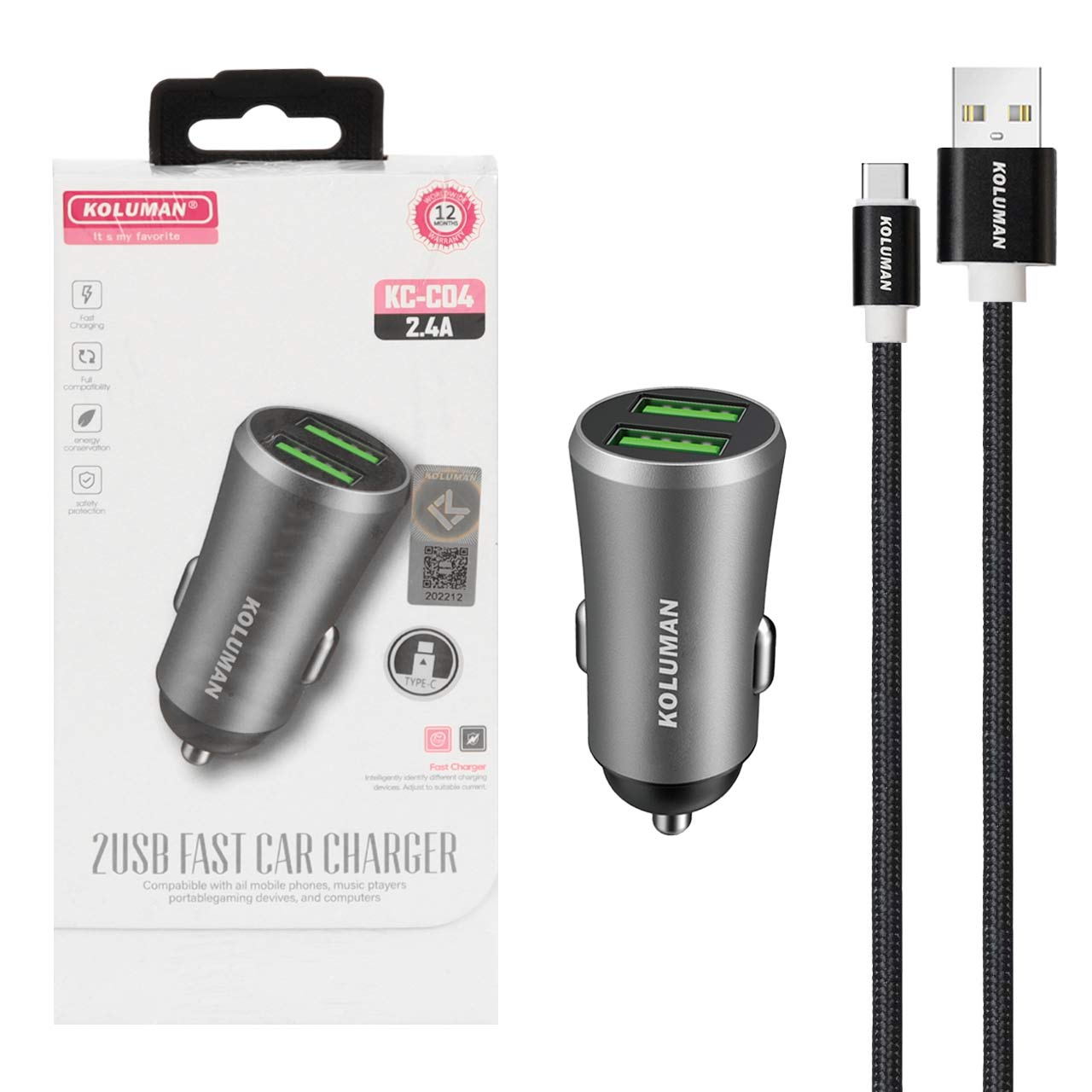 شارژر فندکی فست دو پورت Koluman مدل KC-C04 12W همراه با کابل Type-C - خاکستری (گارانتی یکساله ...