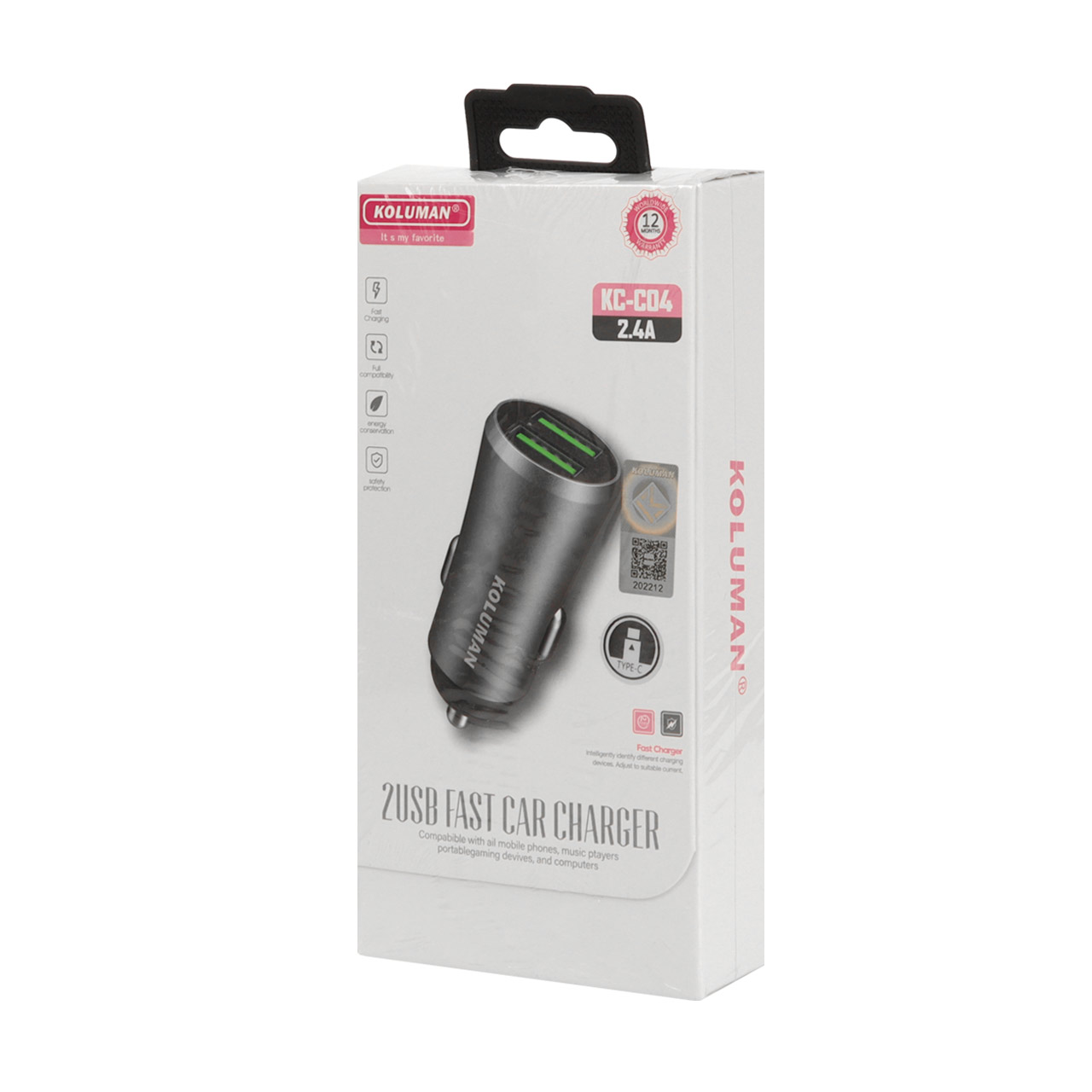 شارژر فندکی فست دو پورت Koluman مدل KC-C04 12W همراه با کابل Type-C - خاکستری (گارانتی یکساله ...