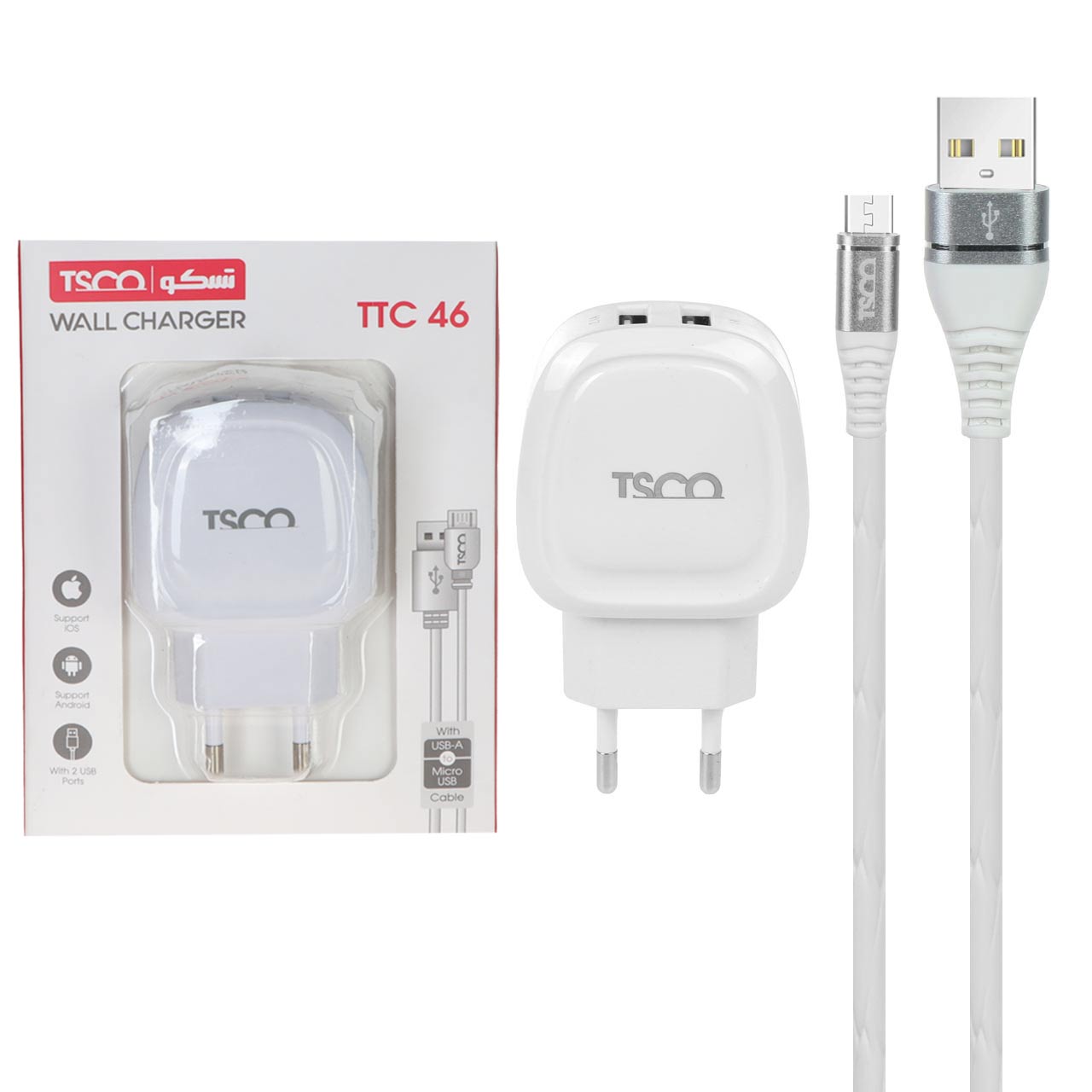 شارژر دیواری دو پورت TSCO مدل TTC 46 همراه با کابل اندروید - سفید - فروشگاه - پنل فروشگاهی eways