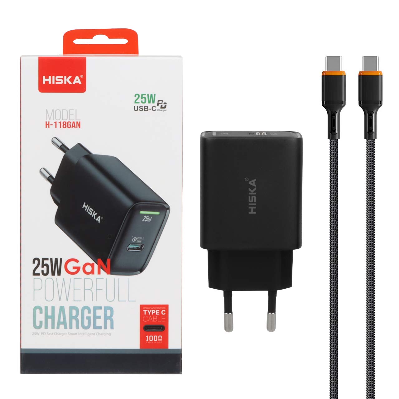 شارژر دیواری فست و PD تک پورت HISKA مدل H-118 GaN 25W به همراه کابل شارژ Type-C - مشکی - فروشگاه ...