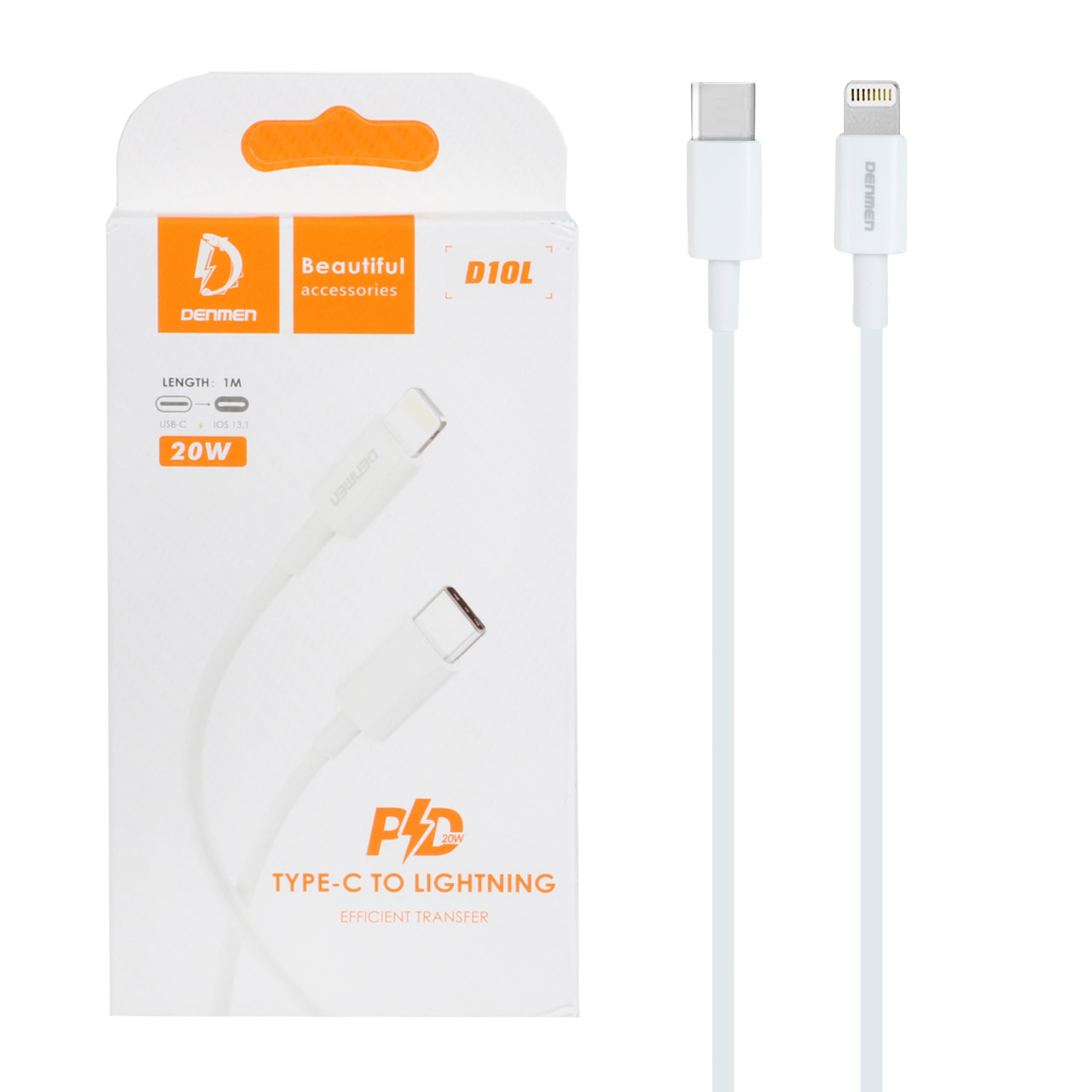 کابل شارژPD و فست DENMEN Type-C to LIGHTNING مدل D10L - سفید - CH (گارانتی یکساله ایویز ...