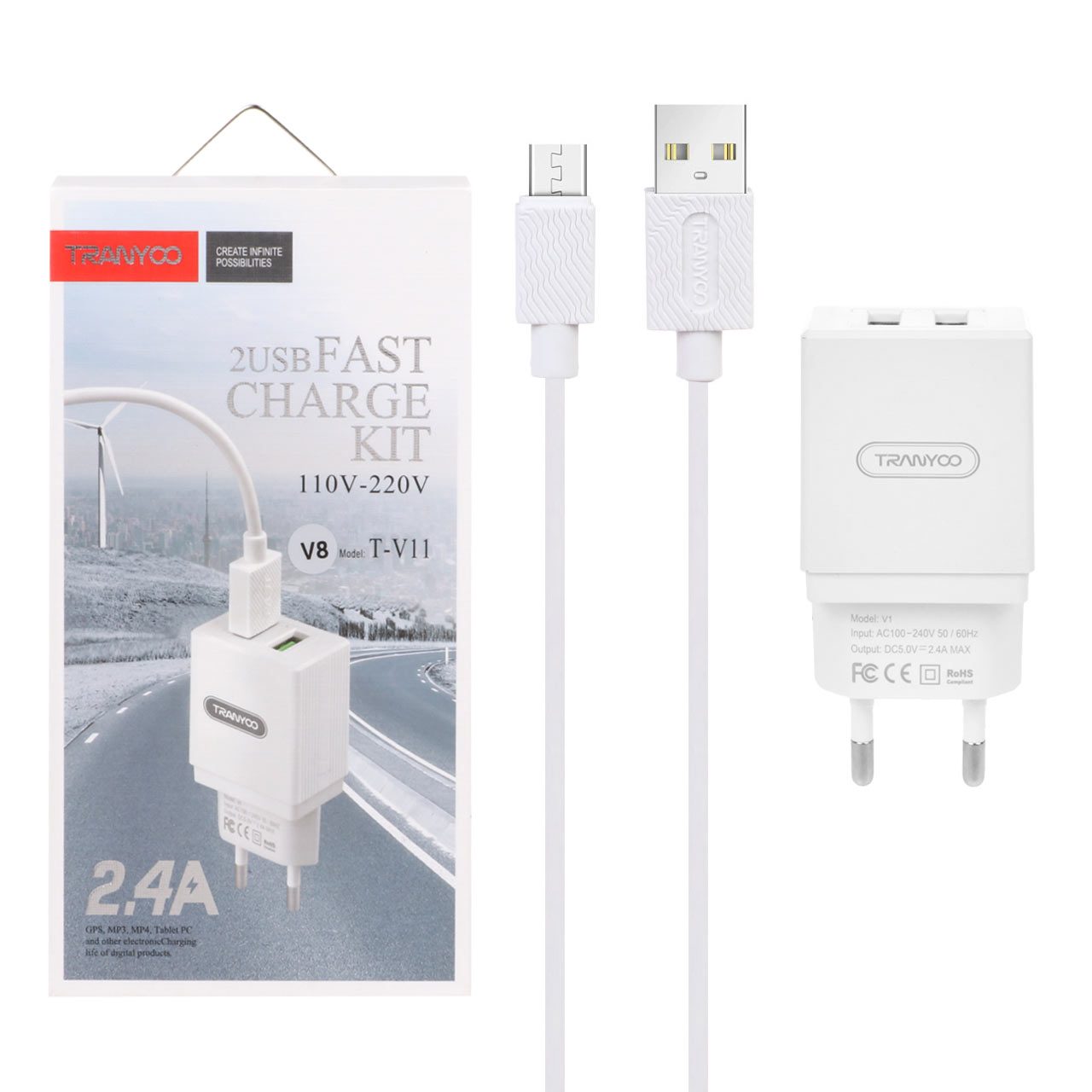 شارژر دیواری 12W فست دو پورت TRANYOO مدل T-V11 به همراه کابل شارژ اندروید - سفید - فروشگاه - پنل ...