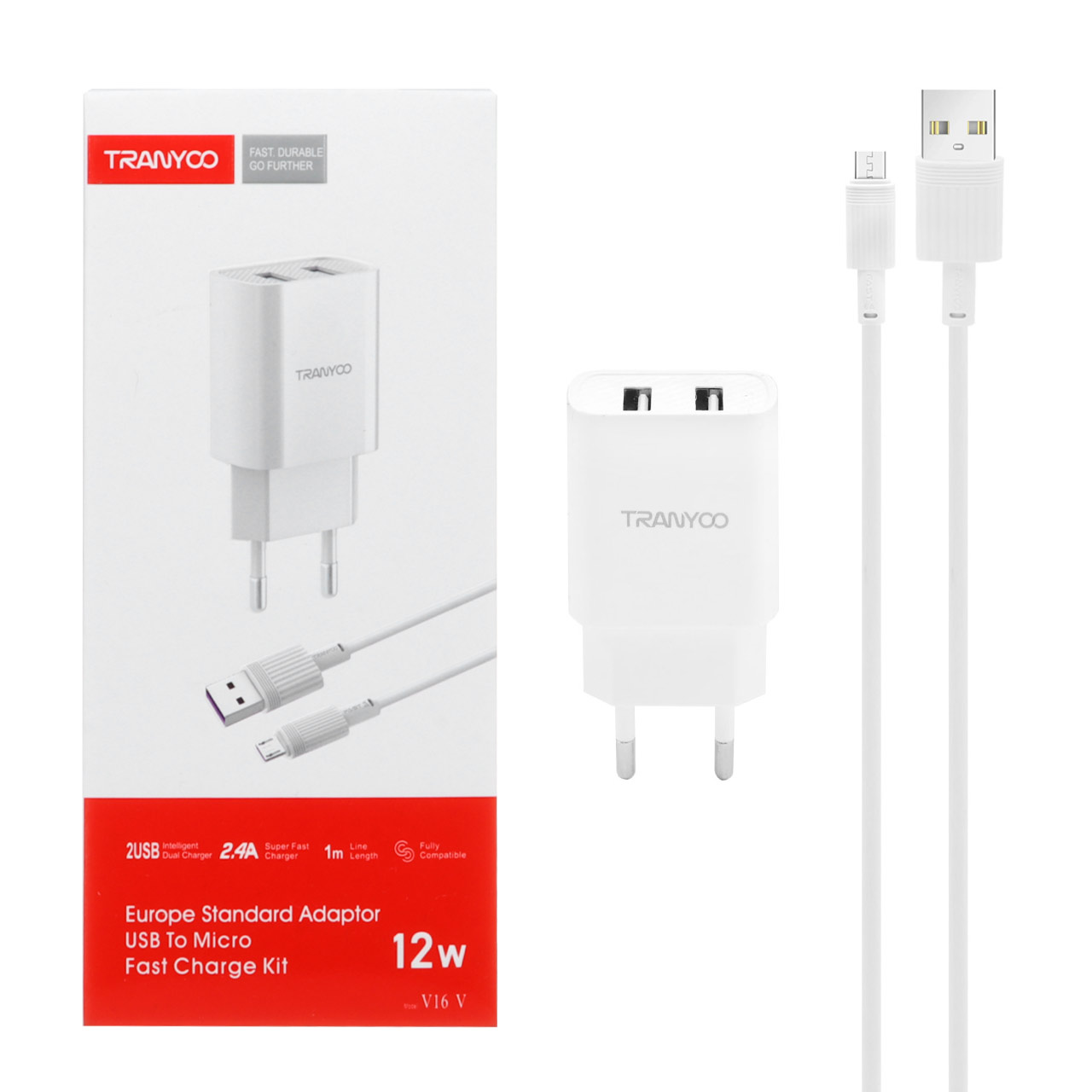 شارژر دیواری 12W فست دو پورت TRANYOO مدل V16 به همراه کابل شارژ اندروید - سفید - فروشگاه - پنل ...