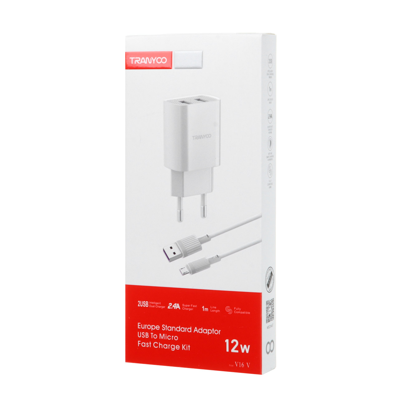 شارژر دیواری 12W فست دو پورت TRANYOO مدل V16 به همراه کابل شارژ اندروید - سفید - فروشگاه - پنل ...