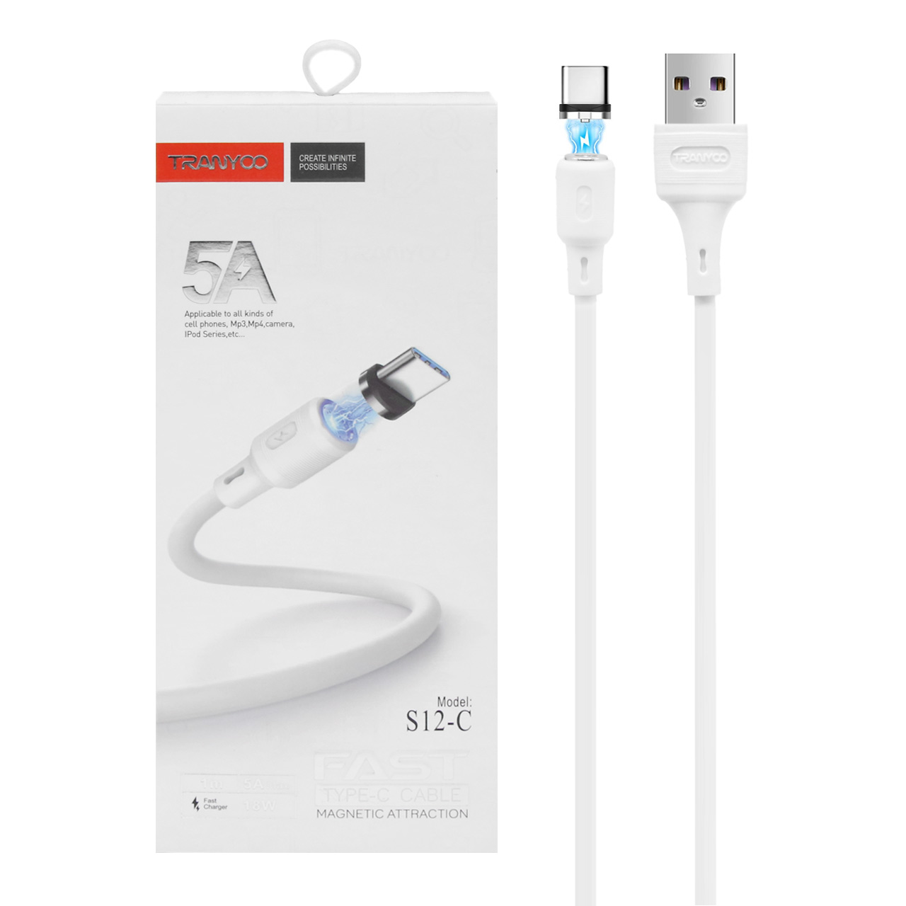 کابل شارژ فست مگنتی TRANYOO Type-C مدل S12-C - سفید - فروشگاه - پنل فروشگاهی eways