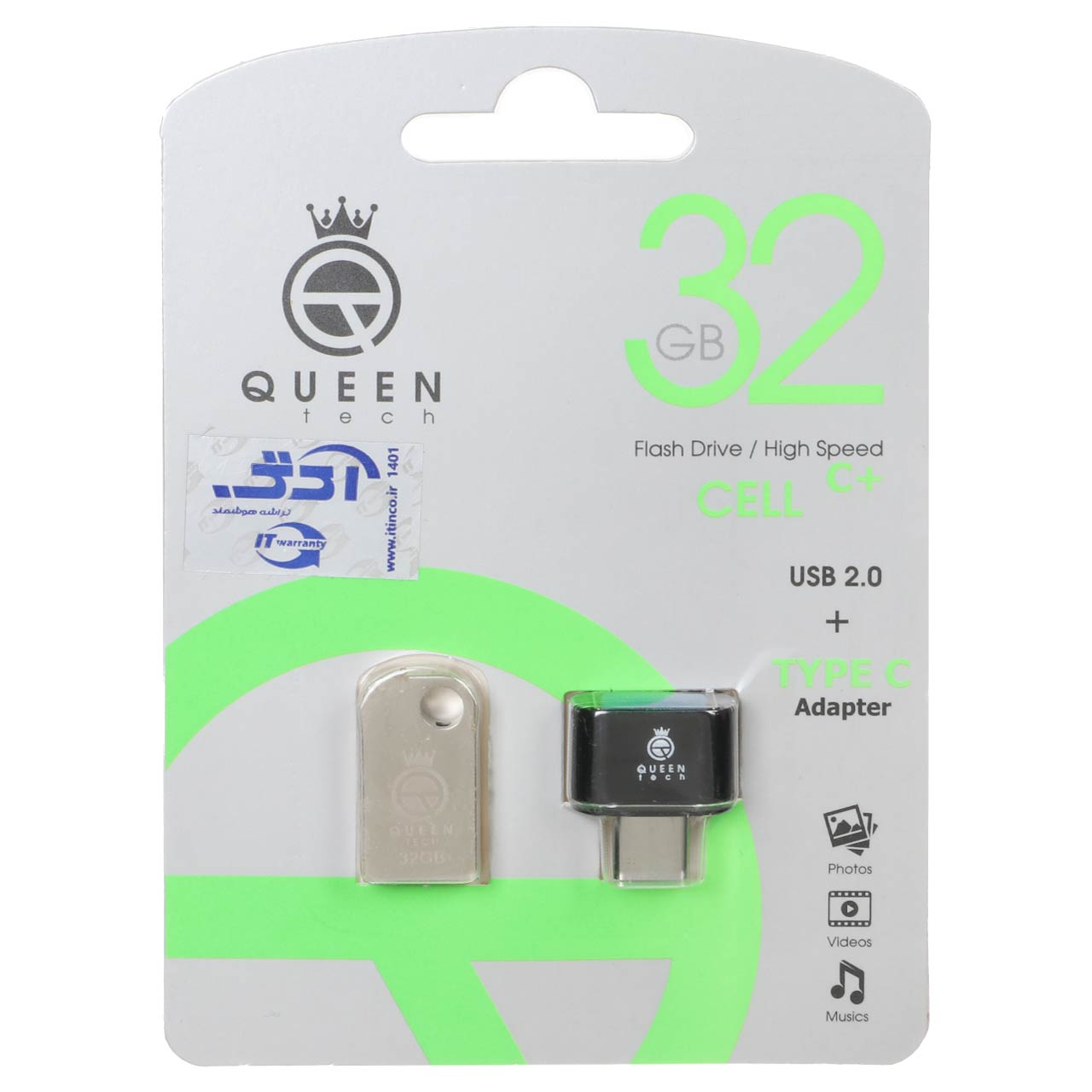 (گارانتی مادام العمر شرکت آی تین) Queen tech-CELL C+ USB2.0+OTG Type-C Adapter Flash Memory-32GB ...
