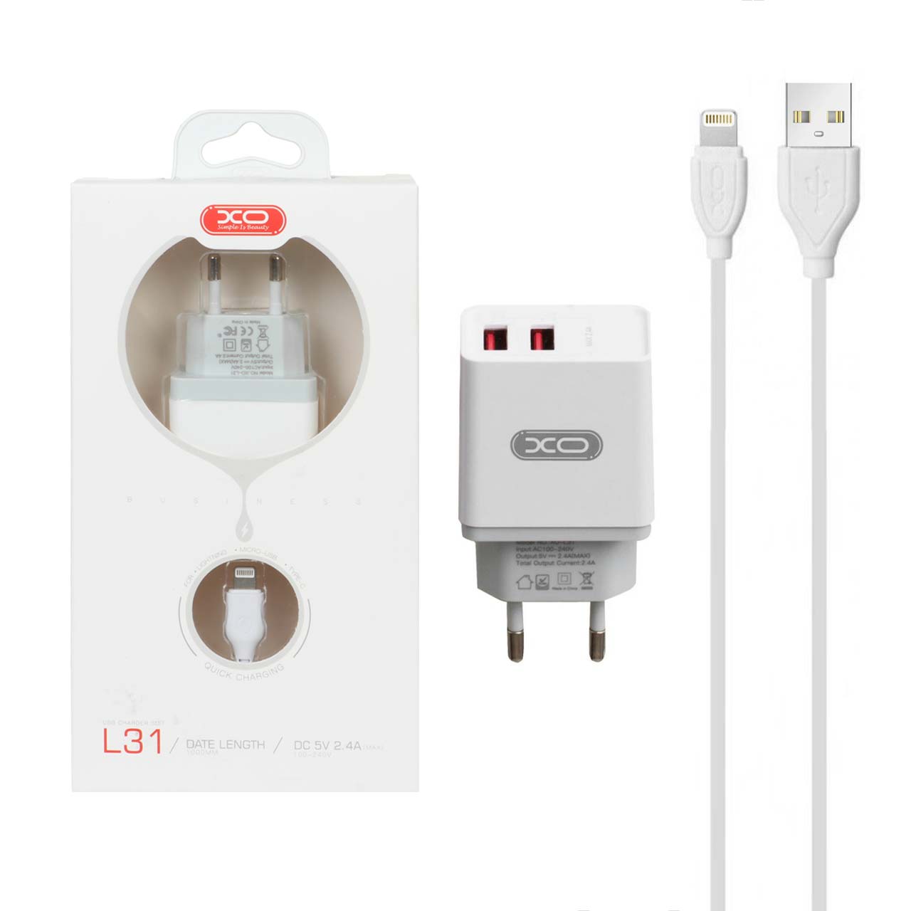 شارژر دیواری فست 12W دو پورت XO مدل XO-L31 به همراه کابل آیفون - سفید - فروشگاه - پنل فروشگاهی eways