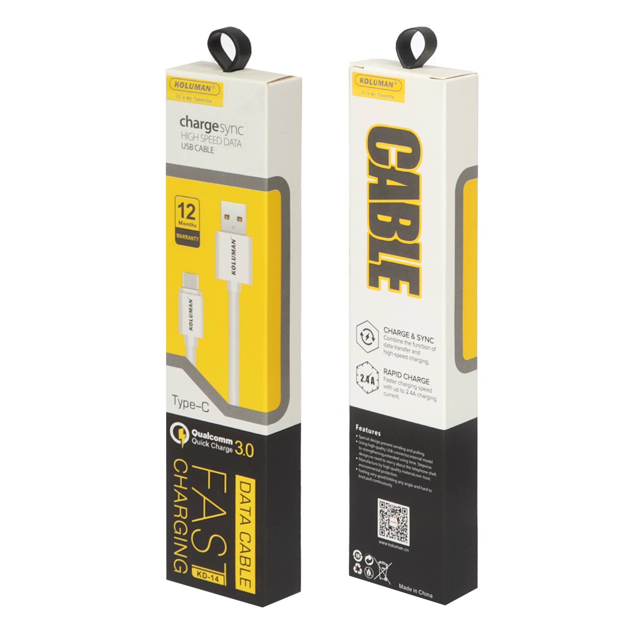 کابل شارژ Koluman Type-C مدل KD-14 - سفید - DST (گارانتی شش ماهه) - فروشگاه - پنل فروشگاهی eways